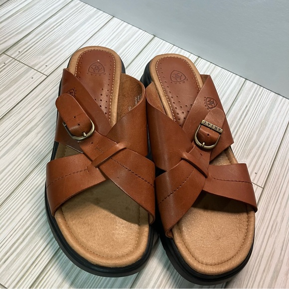 Ariat | Shoes | Ariat Brown Leather Criss Cross Strap Slip On Sandals ...